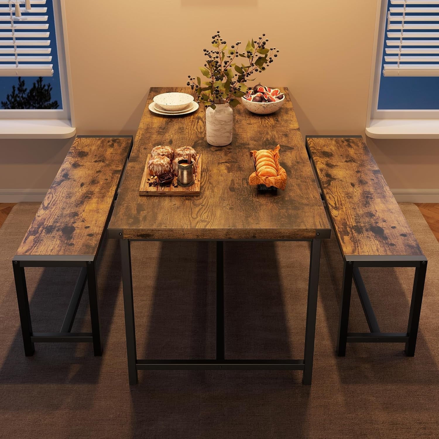 Dining Table Set for 4, Kitchen Table with Benches, Rectangular Dining ...