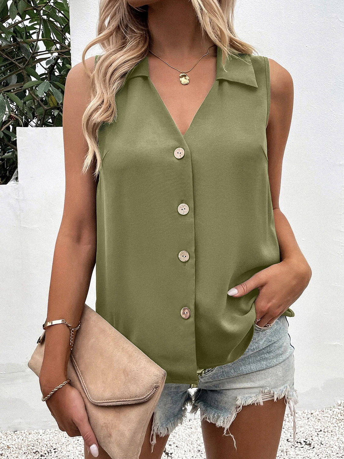 Full Size Johnny Collar Button Up Tank – walbiz.com