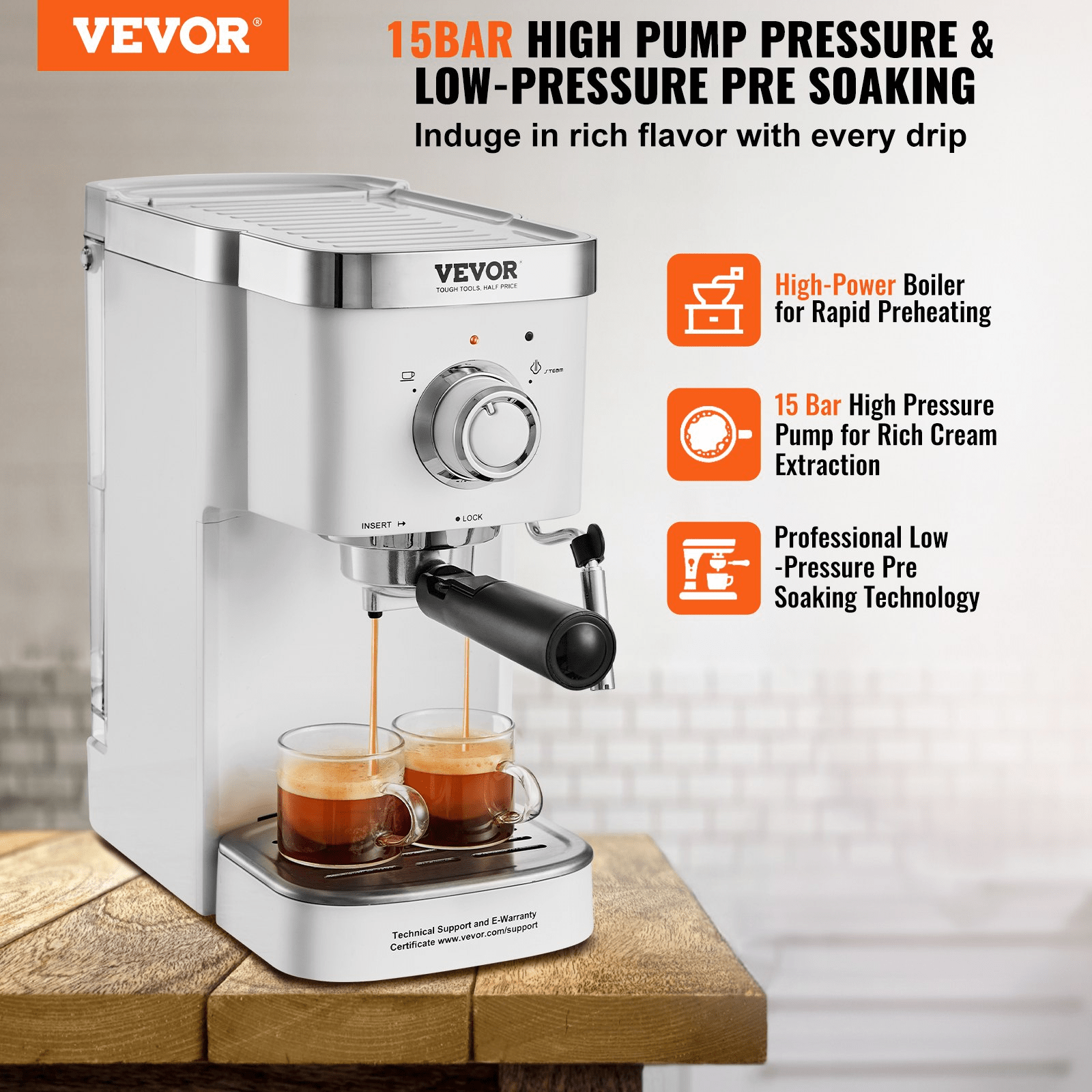 VEVOR Espresso Coffee Machine, 15Bar Semi-Automatic Espresso Maker ...