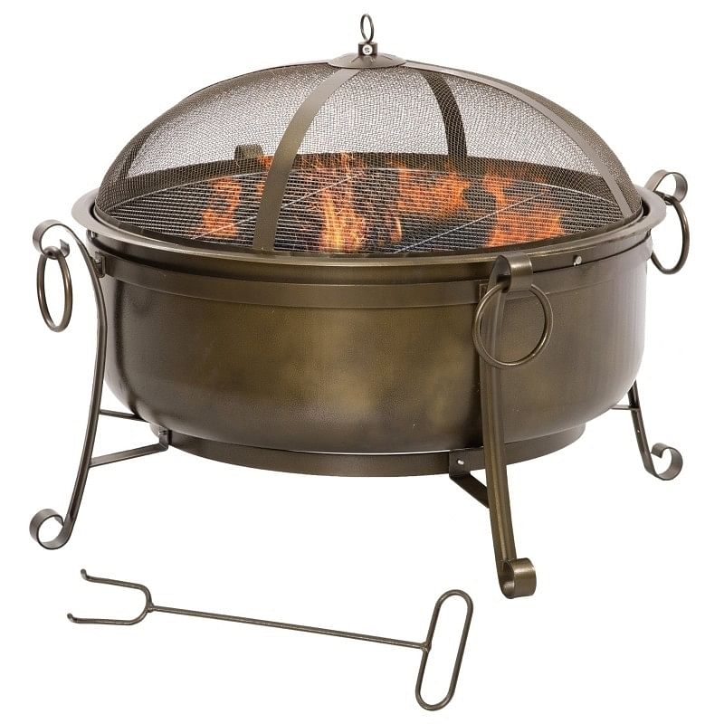 Large Wood Burning Fire Pit Cauldron Style Steel Bowl w/ BBQ Grill ...